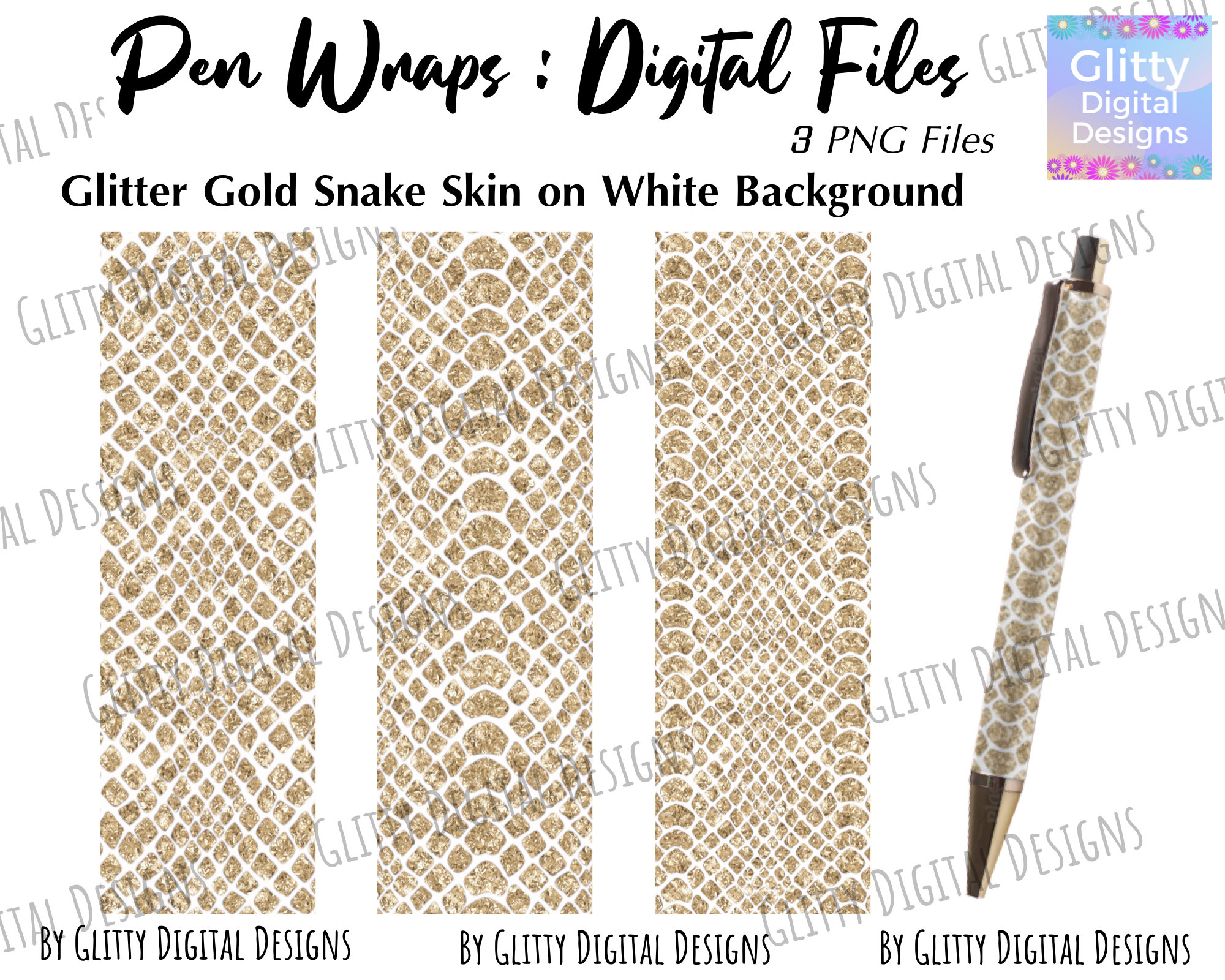 Snake Skin Glitter Pen Wraps , Gold and White Wild Animal Skin Digital ...