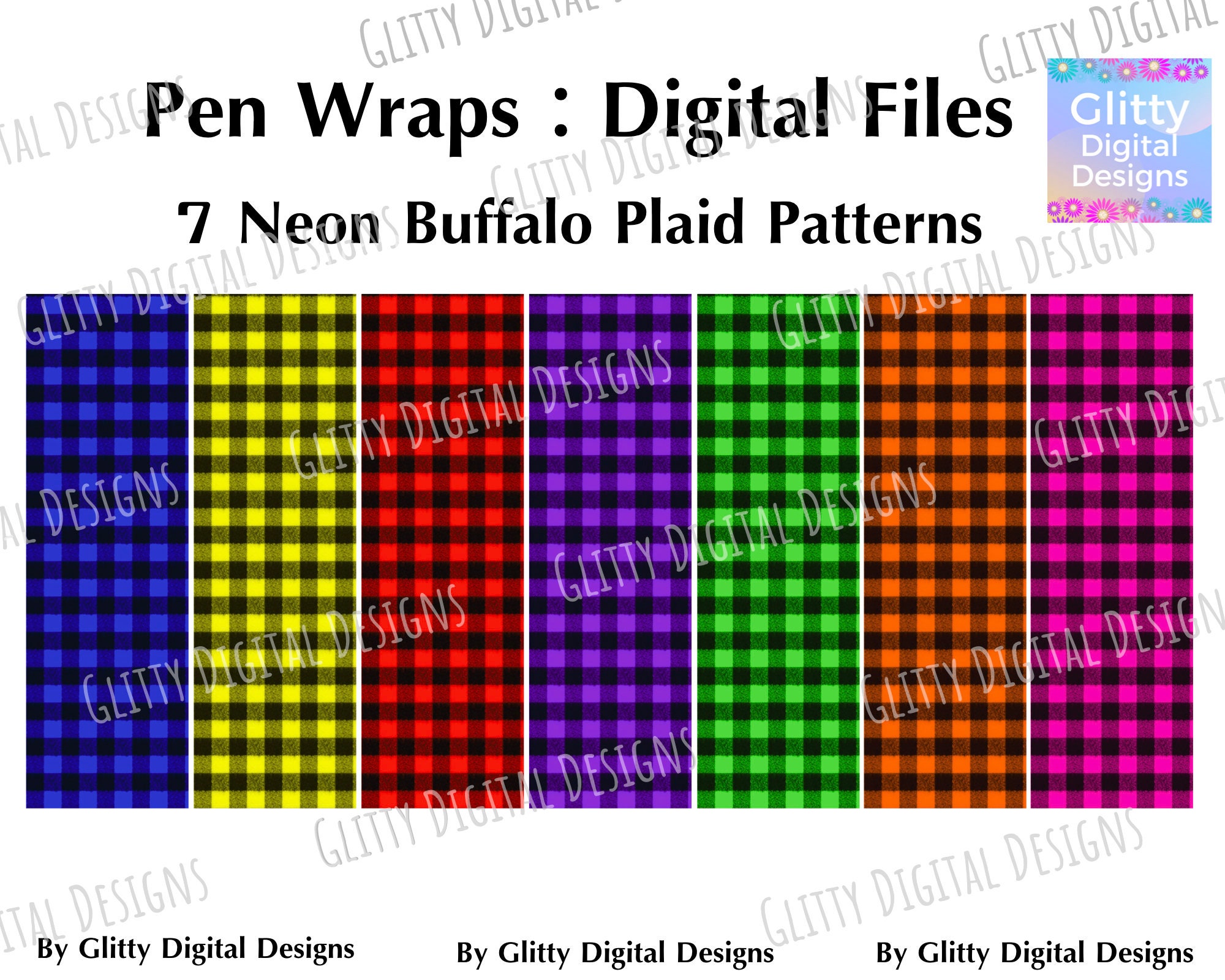 Glitter Pen Wraps , 7 Neon Buffalo Plaid Pen Wraps , 7 Rainbow Color ...