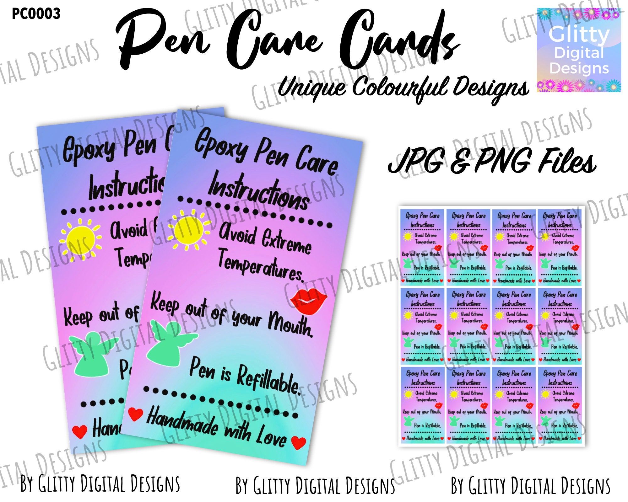 Epoxy Pen Care Card Digital Printable Bundle - Cute Summer Rainbow ...