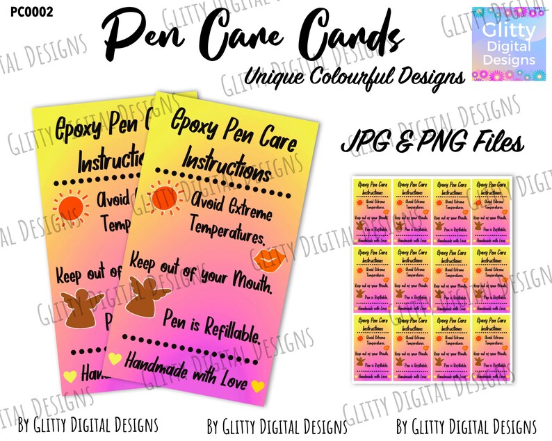 Epoxy Pen Care Card Digital Printable Bundle - Cute Summer Rainbow ...