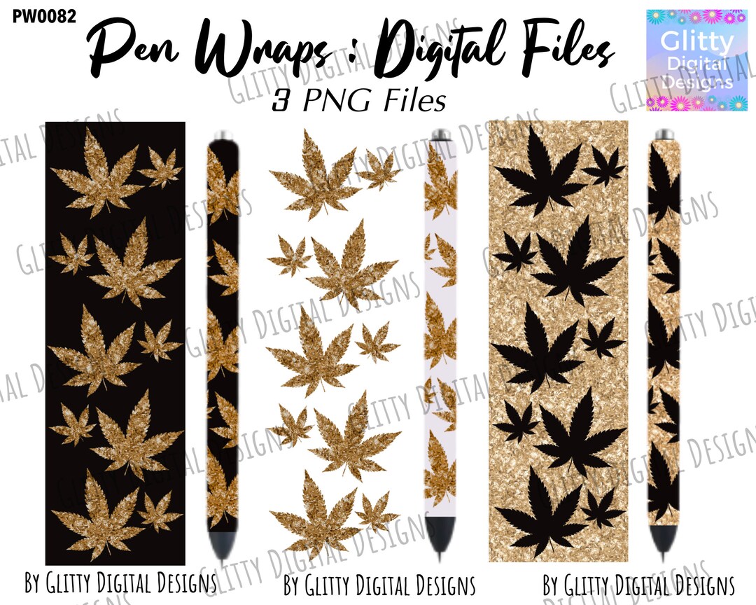 Cannabis Glitter Pen Wraps , Gold and Black Marijuana Leaf Pen Decals ...