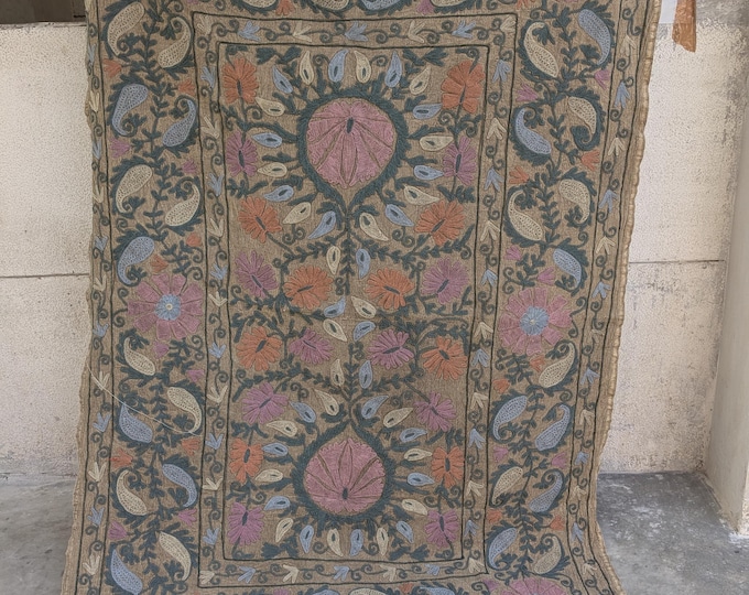 Beige Suzani Quilt Hand Embroidered, Cotton Bedspread With Colorful ...