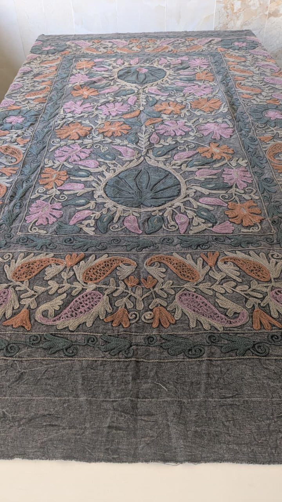 Suzani Quilt Hand Embroidered, Red Gray Cotton Bedspread With Orange ...
