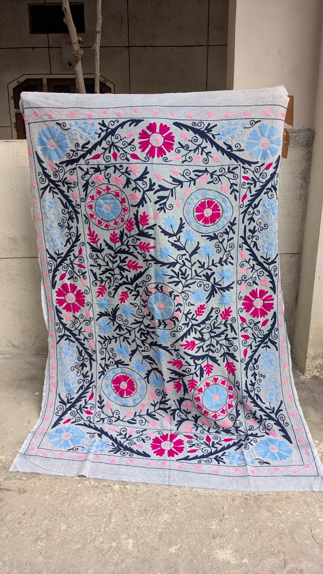 Hand Embroidered Suzani Quilt, Gray Cotton Bedspread, Boho Textile - Etsy