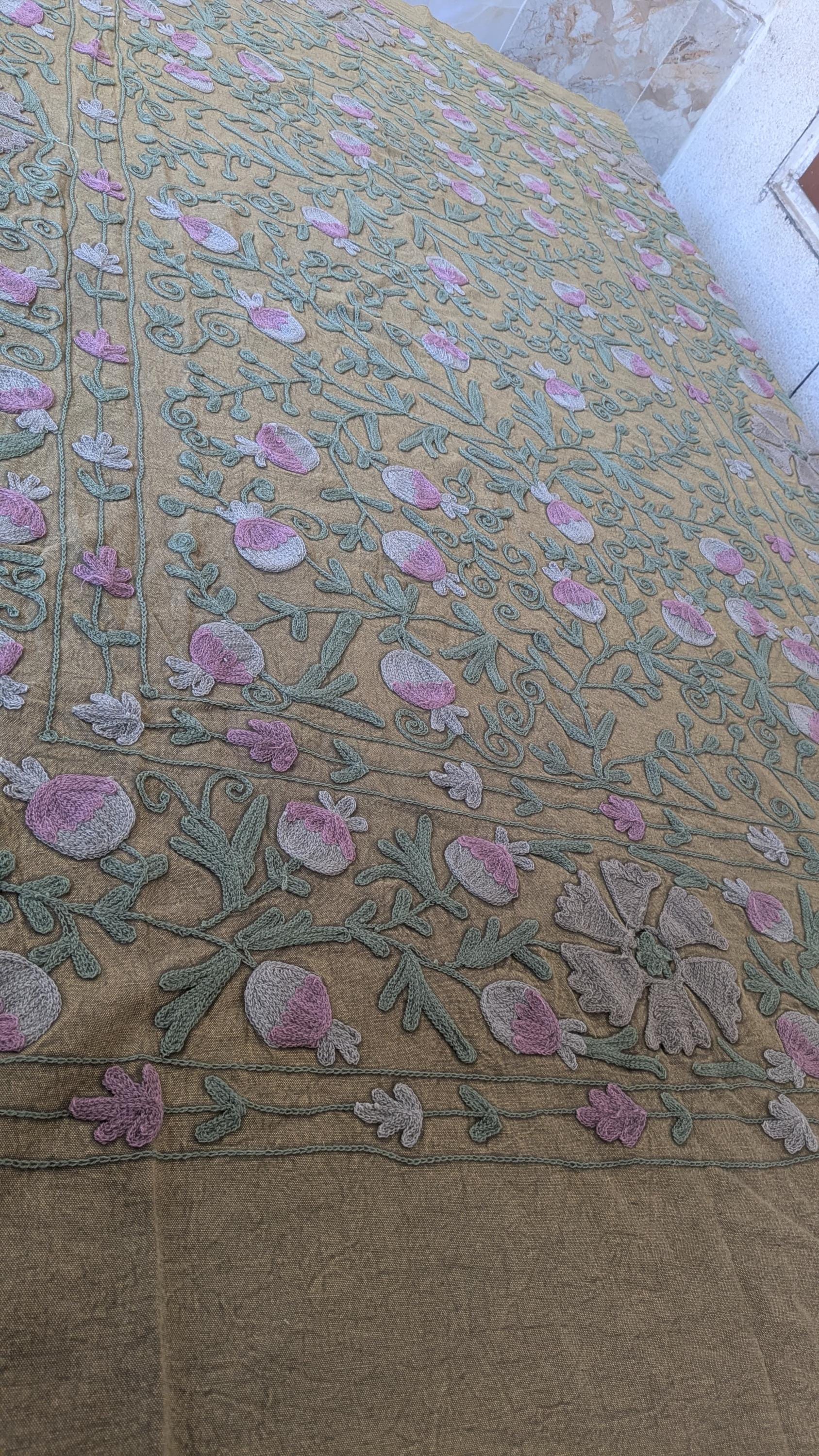 Suzani Quilt Hand Embroidered, Yellow Gray Cotton Bedspread With Pink ...