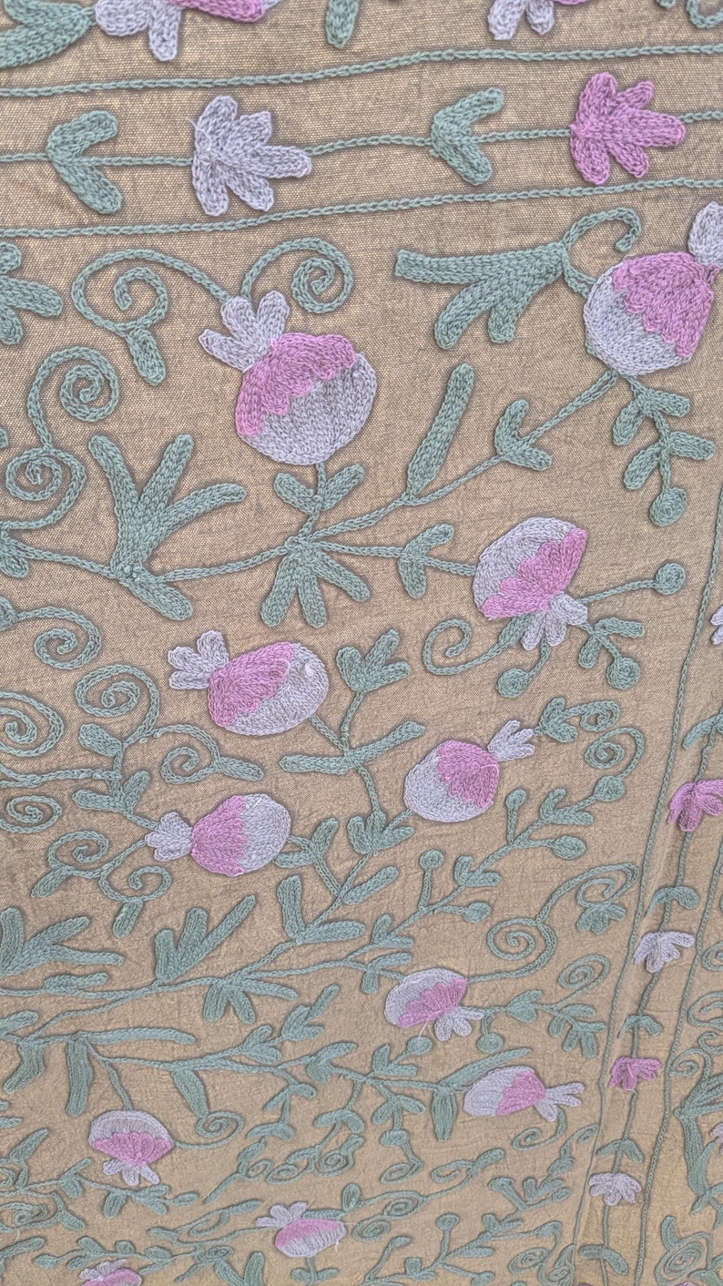 Suzani Quilt Hand Embroidered, Yellow Gray Cotton Bedspread With Pink ...