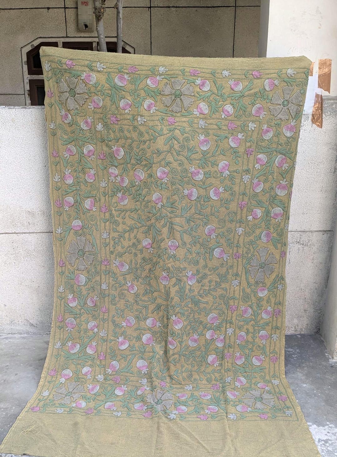 Suzani Quilt Hand Embroidered, Yellow Gray Cotton Bedspread With Pink ...
