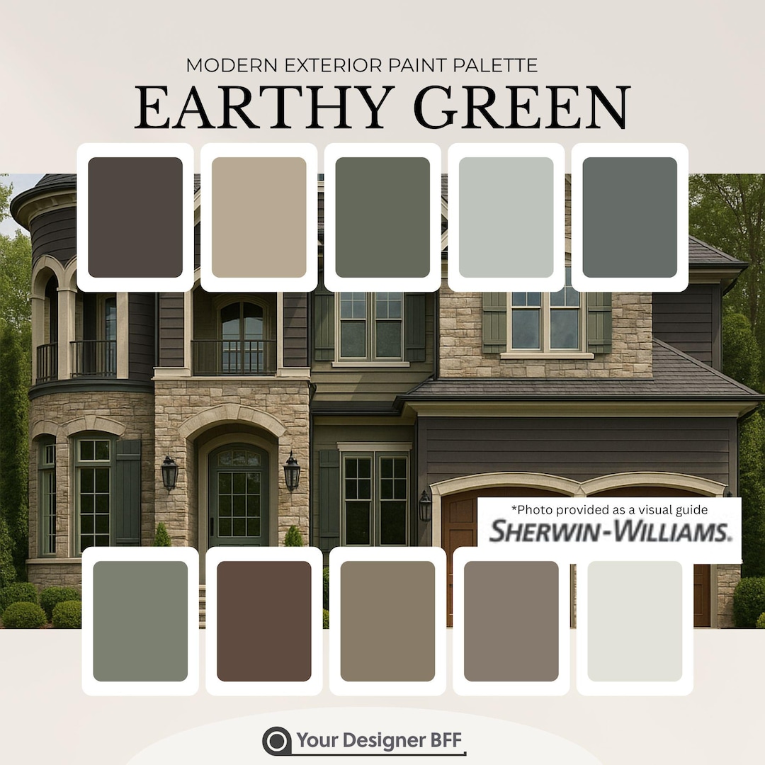 Modern Earthy Green Exterior Paint Palette With Sherwin-williams Colors ...