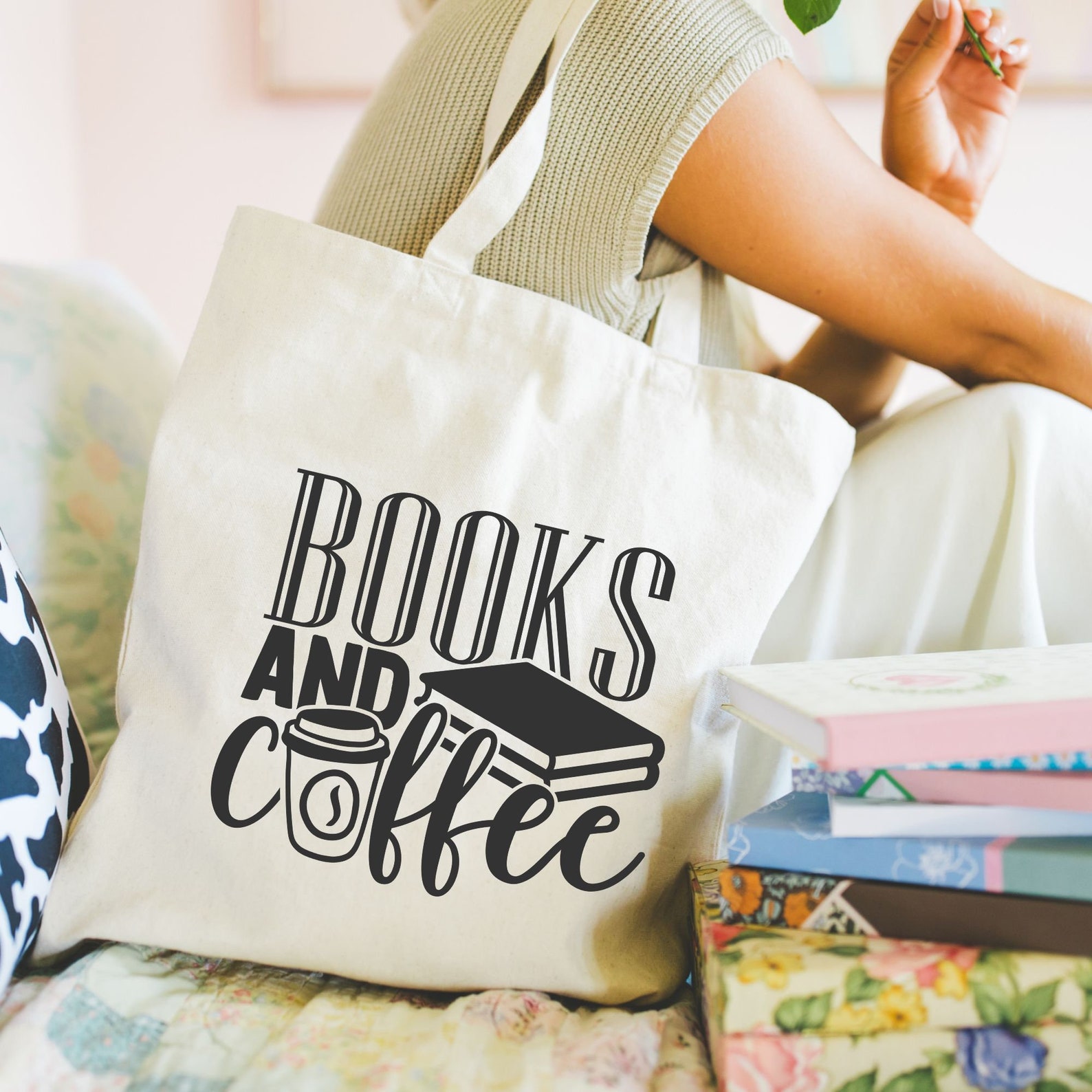 Books and Coffee, Book Tote Bag, Library Tote, Tote Bag for Reader ...