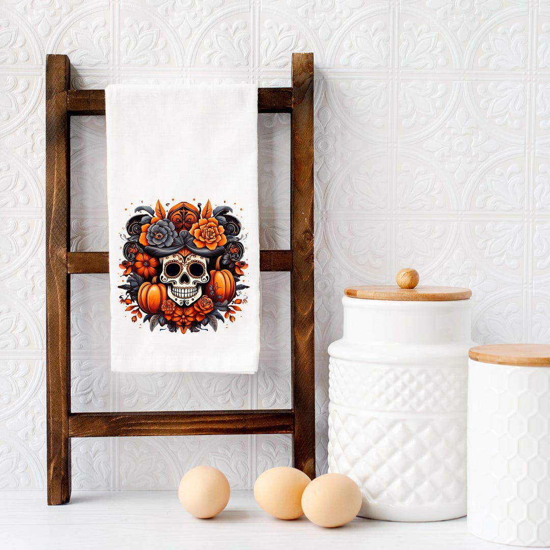 Day of the Dead Towel, Halloween Tea Towel, Sugar Skull Kitchen Towel ...
