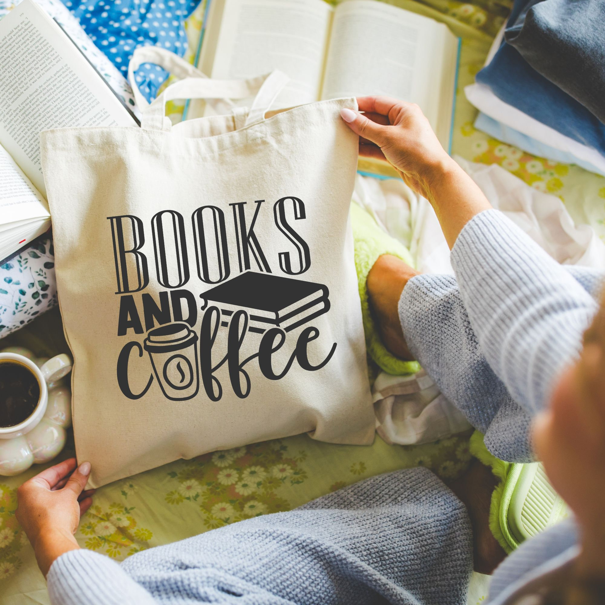 Books and Coffee, Book Tote Bag, Library Tote, Tote Bag for Reader ...
