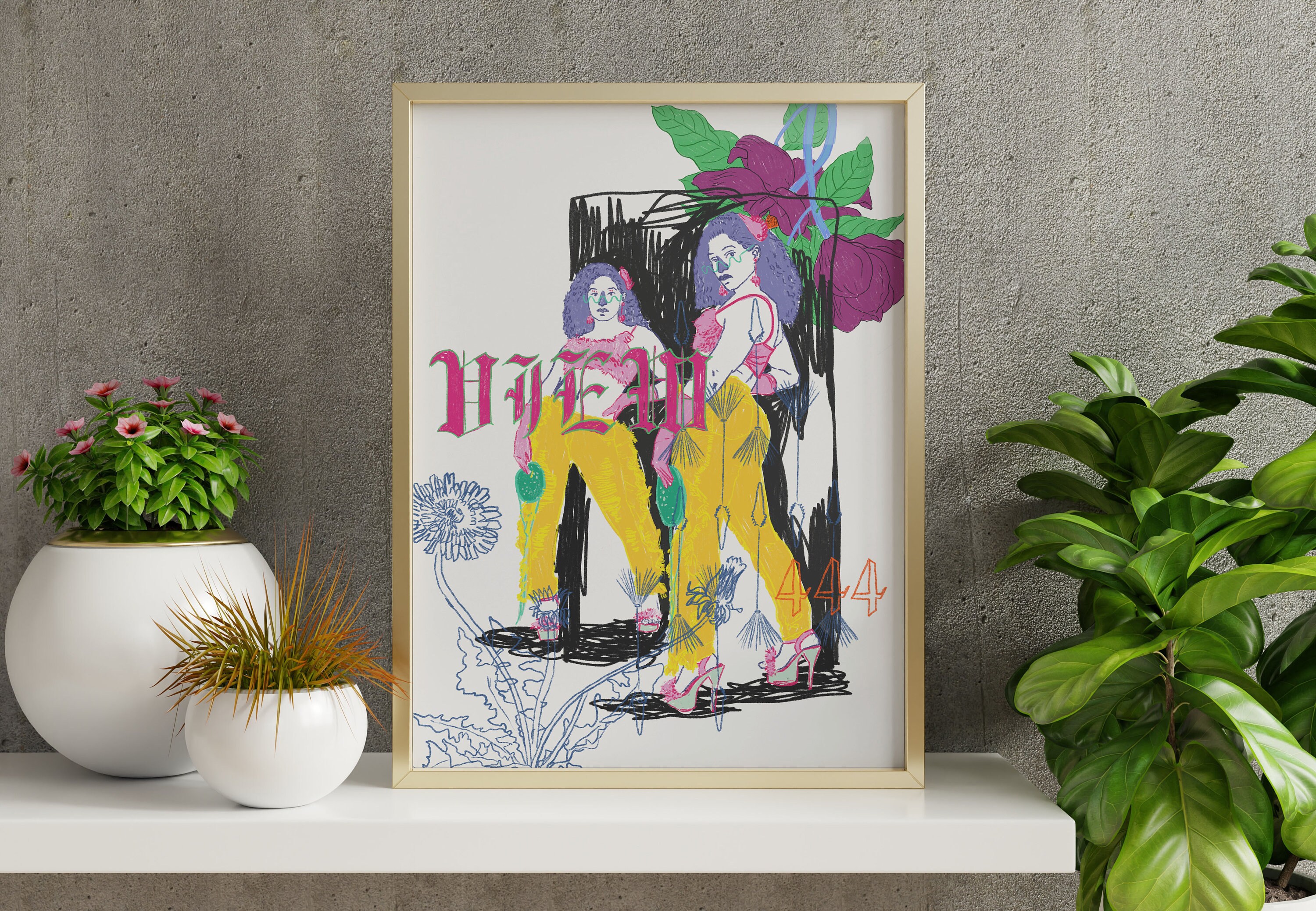 Colorful Digital Fashion Drawing With Flowers Epson Hot Press Bright ...
