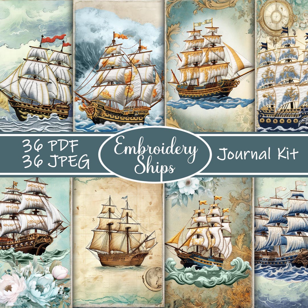 Embroidery Ships Junk Journal Kit Printable, Vintage Nautical Ephemera ...