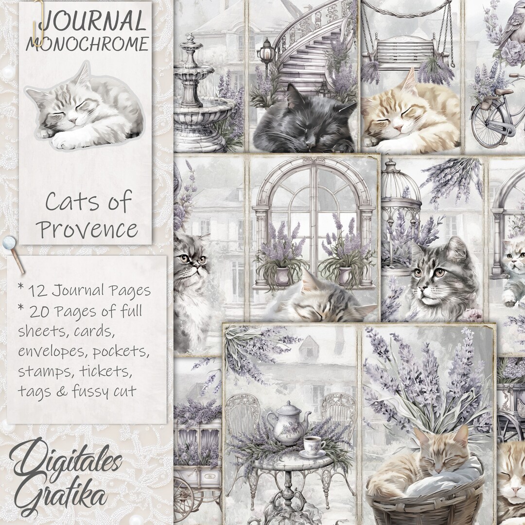 Junk Journal Kit MONOCHROME CATS of PROVENCE, Cat Journal, Books ...