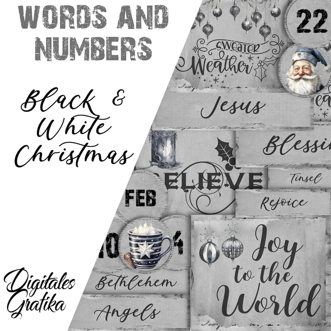 Black and White Christmas Words and Numbers: Printable Journal ...