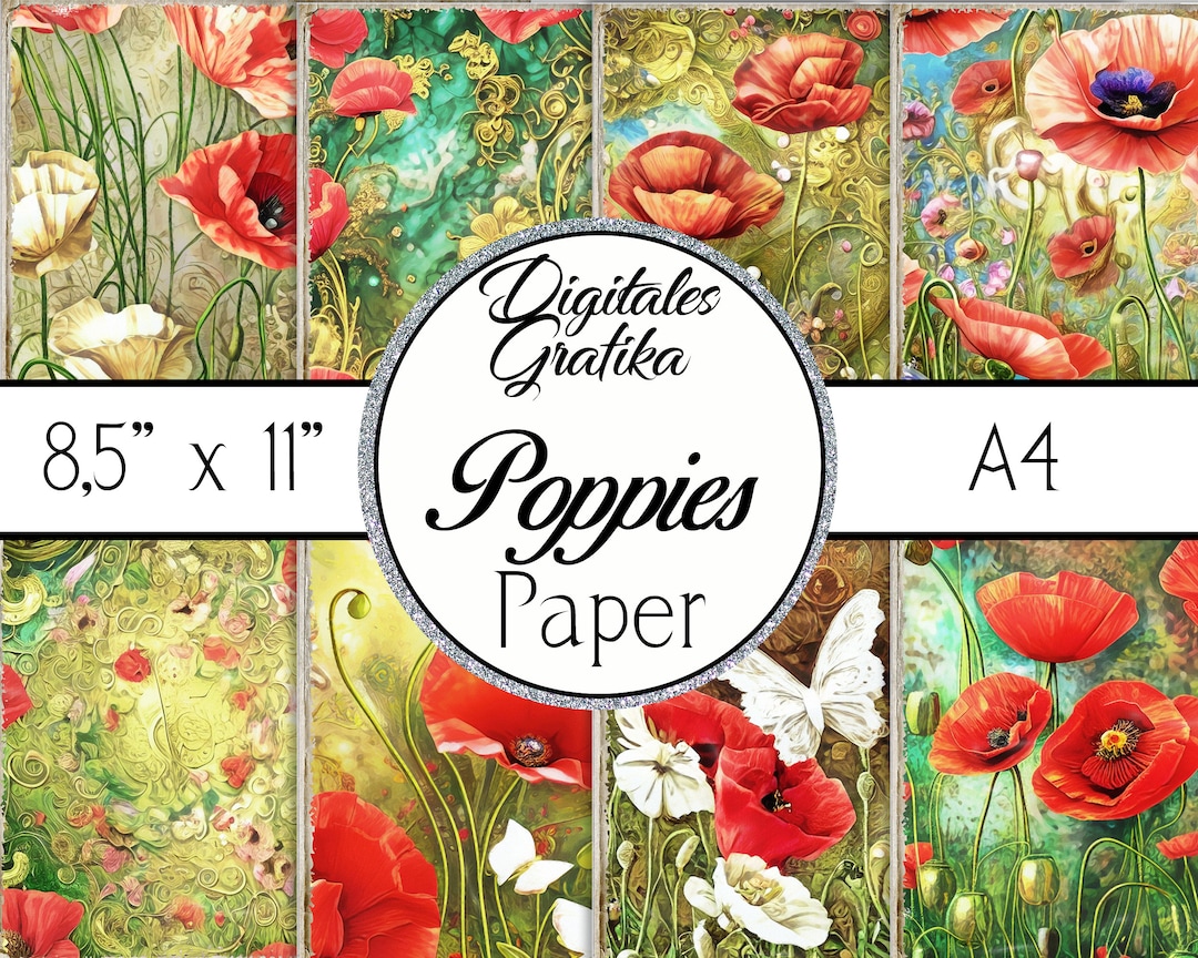 POPPIES PAPER PACK | Poppy Flower Scrapbook Paper | Red Flower Paper ...