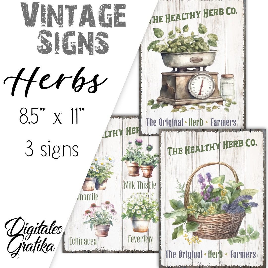 VINTAGE HERB SIGNS, the Herbalist Sign, Herb Poster, Wall Art, Flowers ...
