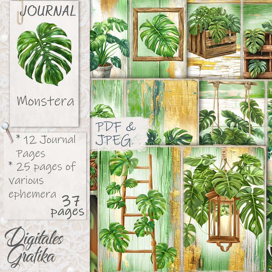 Monstera Junk Journal Kit, Plant Journal, Pages, Envelopes, Paper, Download, Printable, Green ...