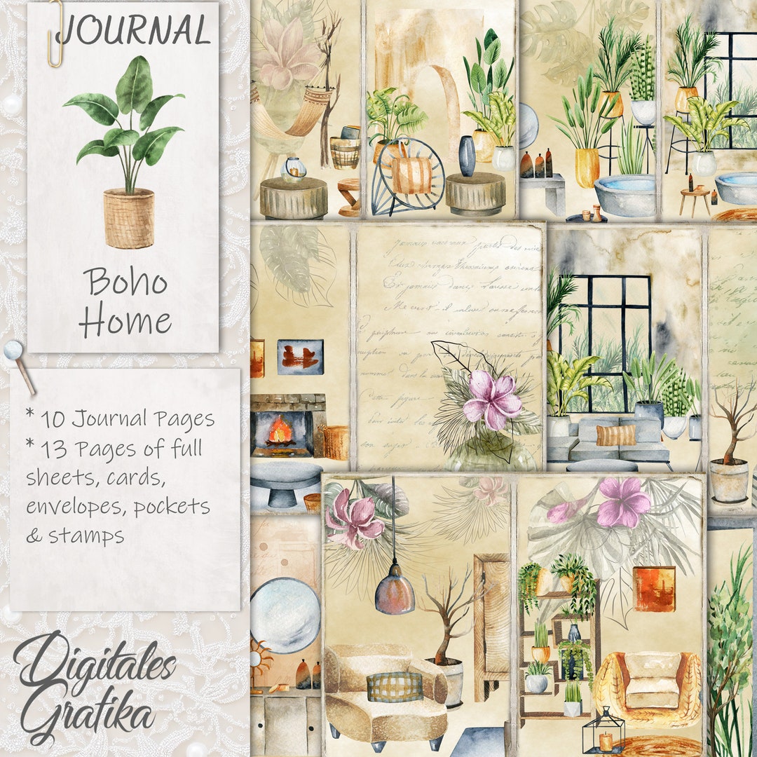 Boho Junk Journal Kit, BOHO HOME, Pages, Envelopes, Boho Paper, Paper ...