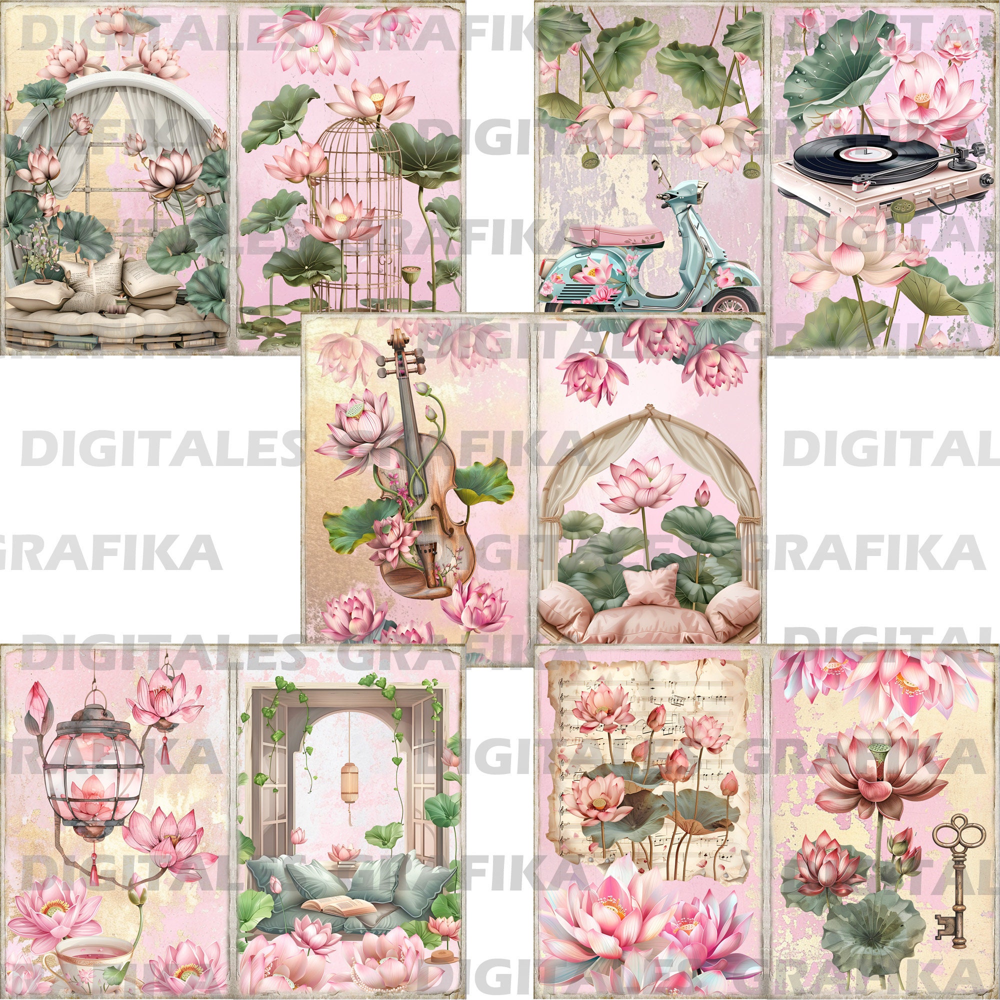 Lotus Flowers Junk Journal Kit Printable, Vintage Botanical Ephemera ...
