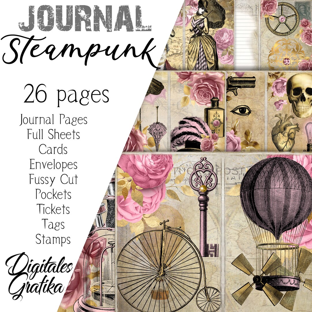 STEAMPUNK JOURNAL KIT, Steampunk Pages, Envelopes, Pink Steampunk Paper ...