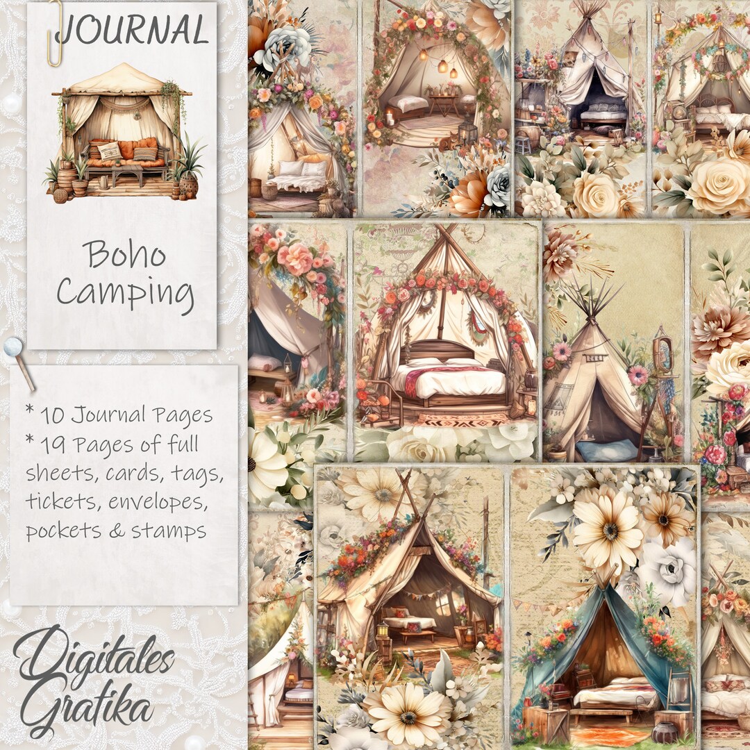 BOHO CAMPING JOURNAL Kit, Camping, Journal Pages, Full Sheet, Flowers ...