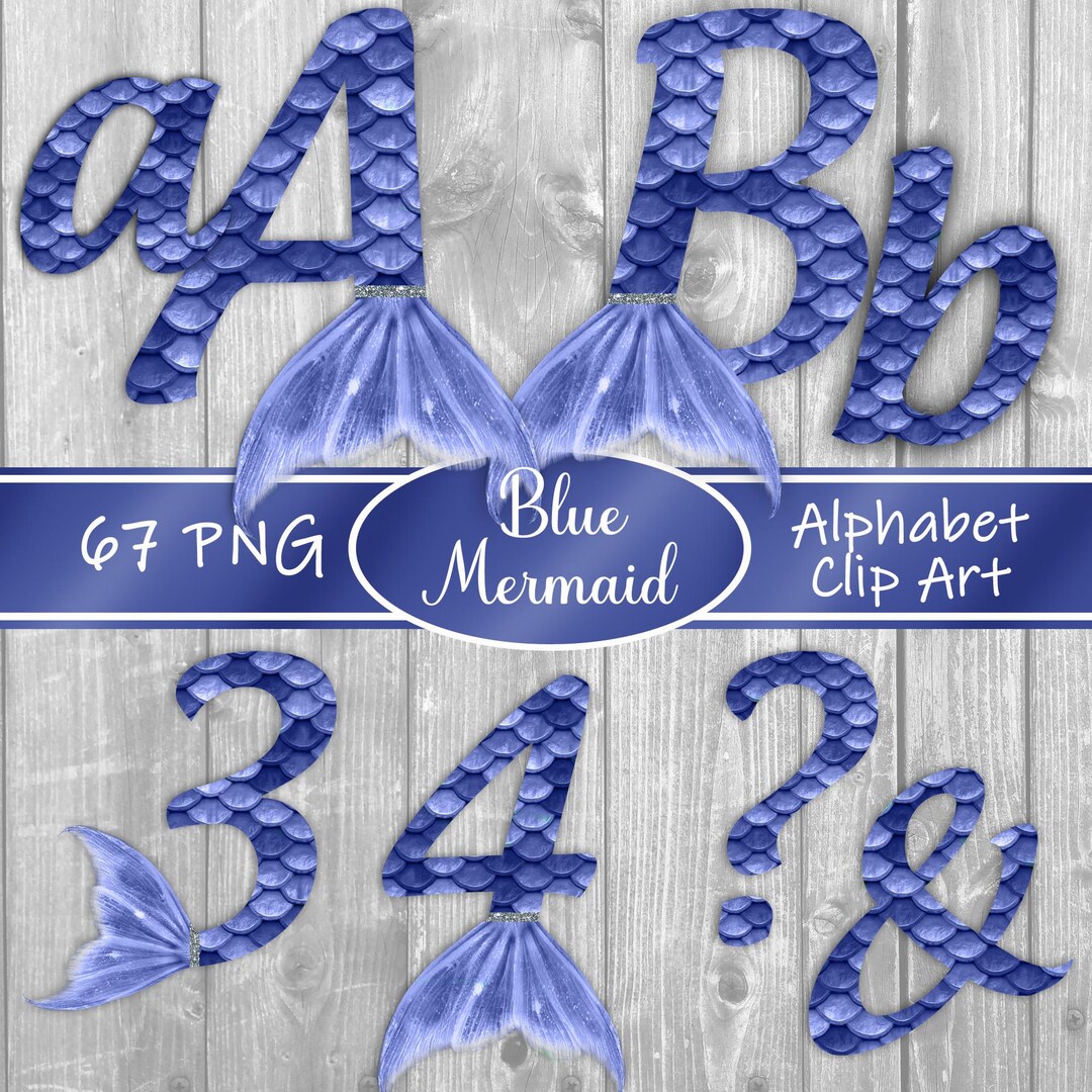 Blue Mermaid Alphabet Clip Art: Marine Letters & Numbers (PNG Digital ...