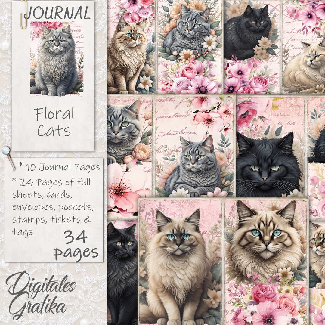 Junk Journal Kit FLORAL CATS, Vintage Junk Journal, Journal Pages, Full ...