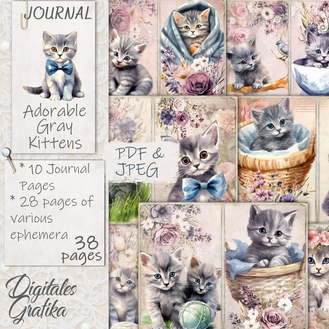 Adorable Gray Kittens Junk Journal Kit, Journal Pages, Full Sheet ...