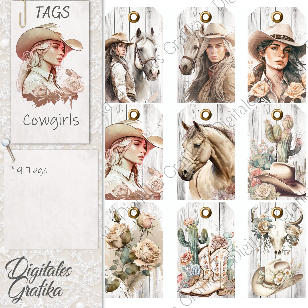 COWGIRL TAGS, Vintage Western Tags, Gift Tags, Horses, Printable ...