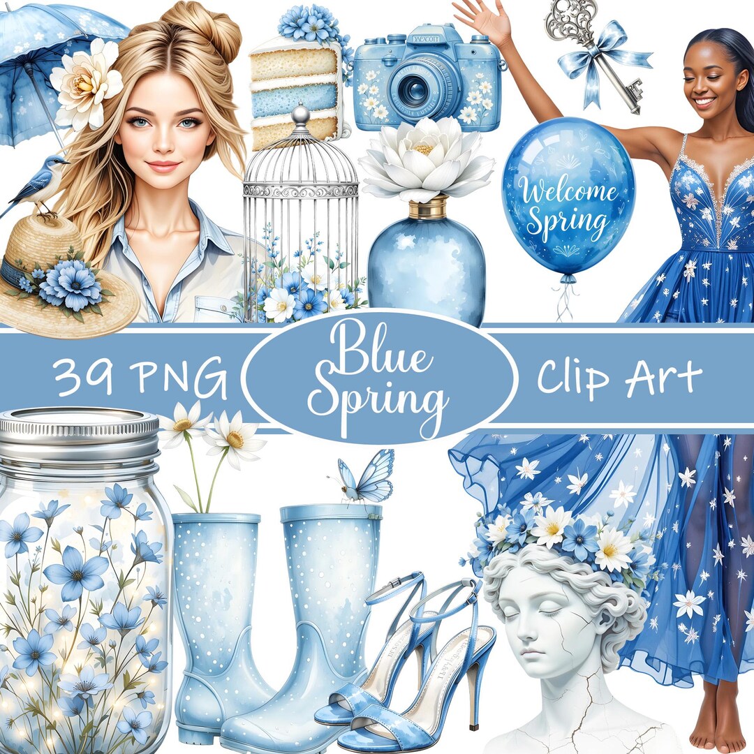 Blue Spring Clip Art, Fashion Girls, Designer Clip Art, Planner Clip ...