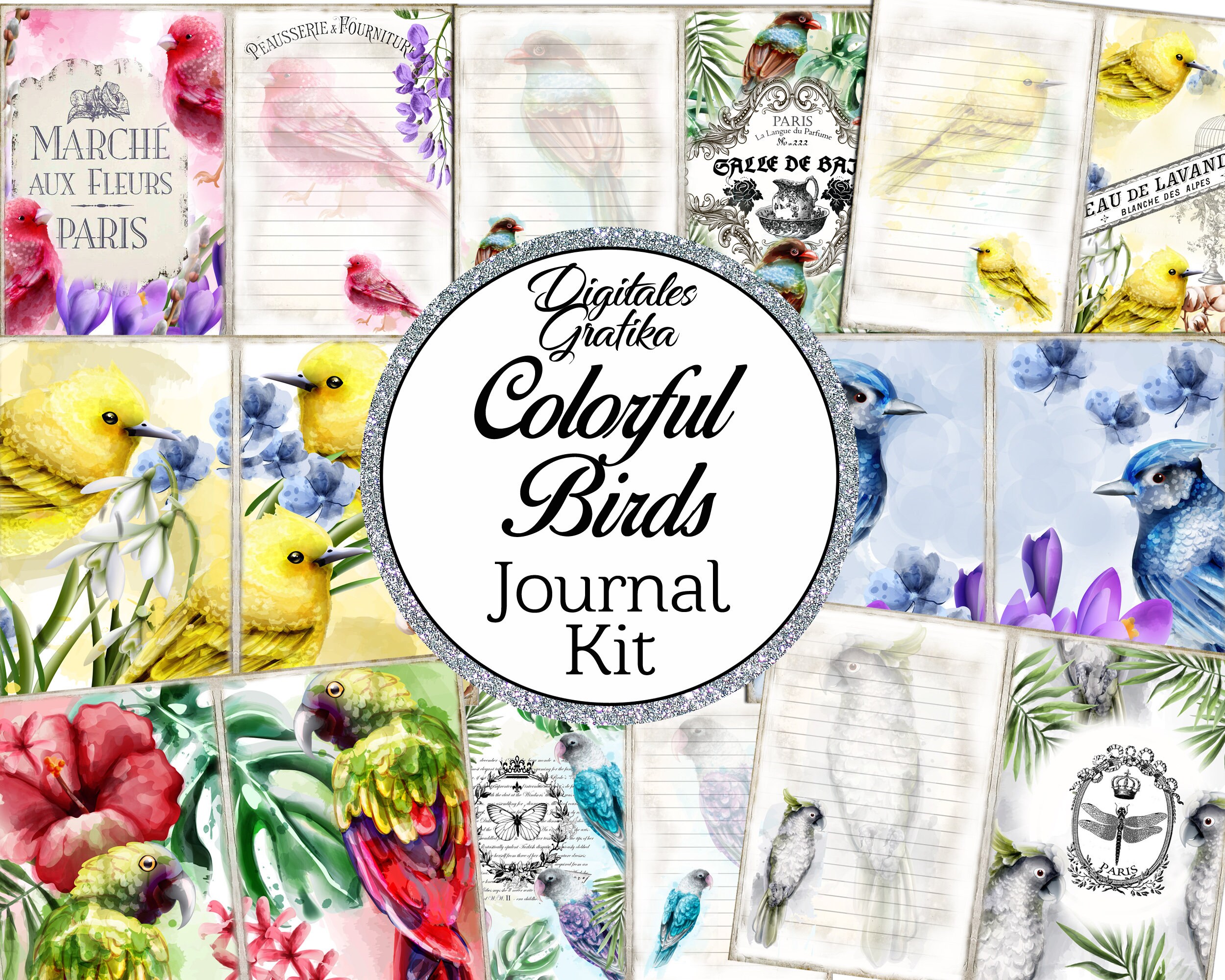 COLORFUL BIRDS JOURNAL Kit Pages Envelopes Watercolor | Etsy