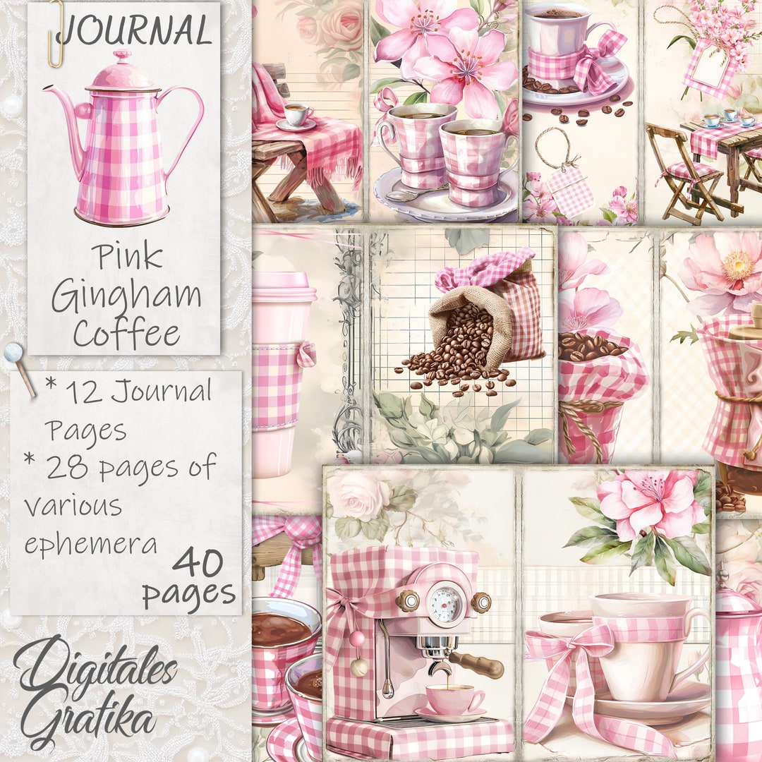 PINK GINGHAM COFFEE Journal Kit, Coffee Junk Journal, Journal Pages ...