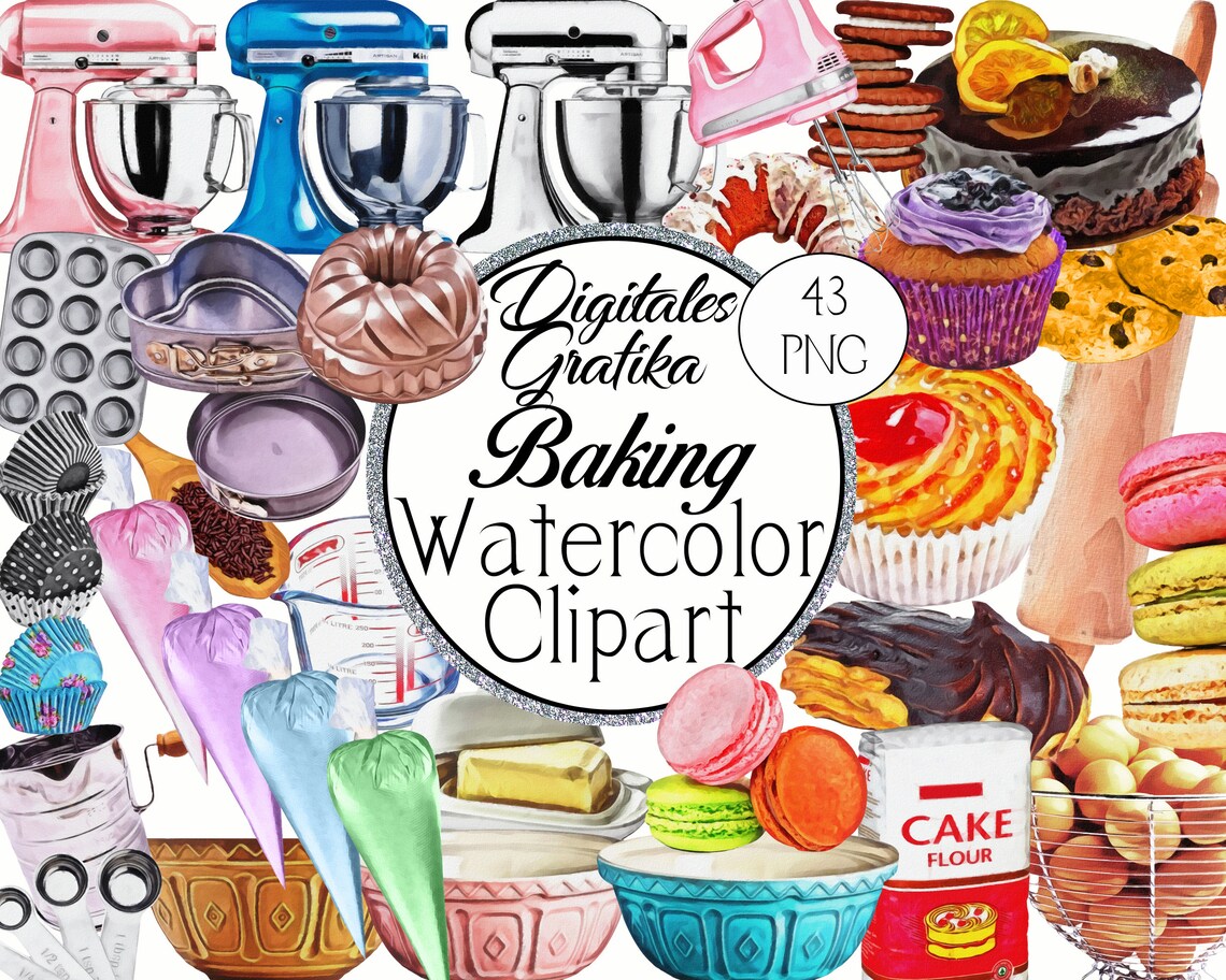 WATERCOLOR BAKING CLIPART Pink Kitchen Clipart Designer Clip | Etsy