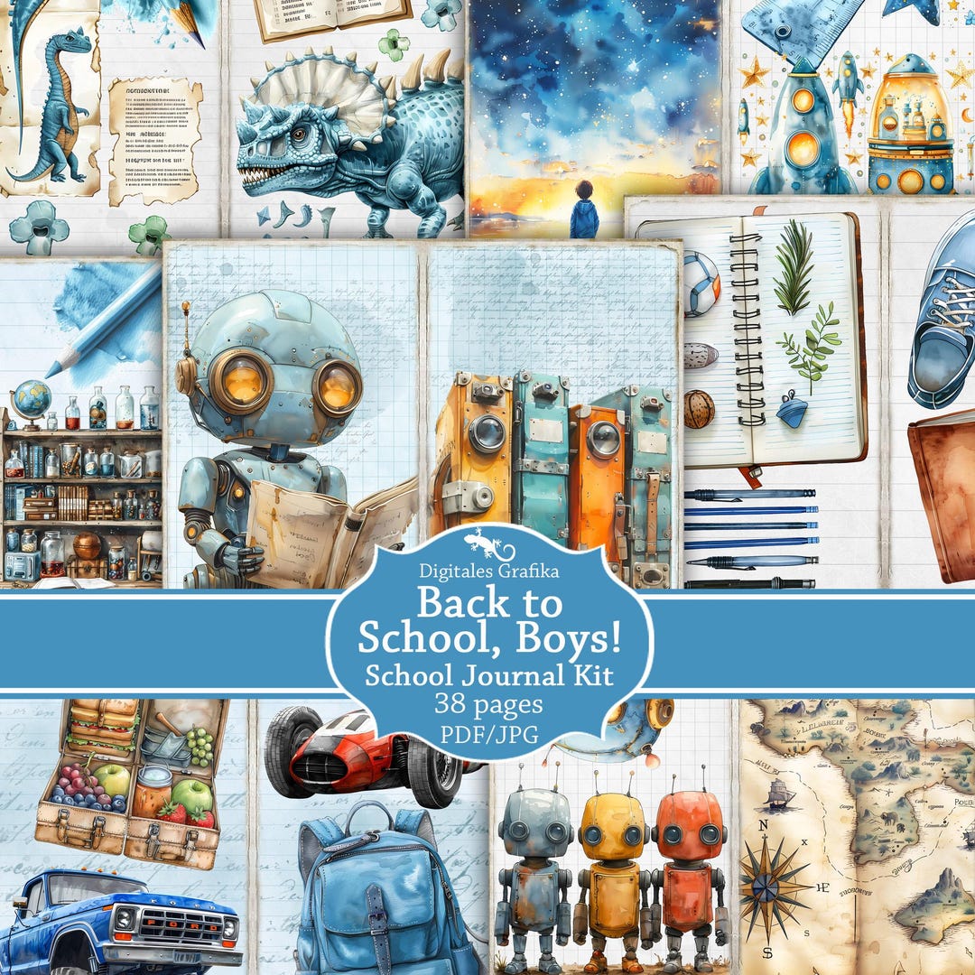 Back to School Boys Blue Junk Journal Kit Printable, School Ephemera ...