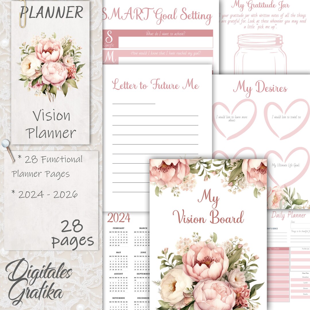 PINK VISION PLANNER, Functional Pages, Full Sheet, Flowers, Printable ...