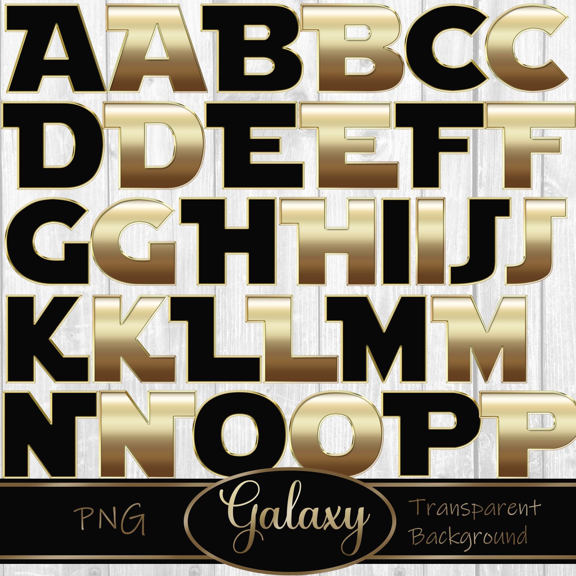 Galaxy Alphabet Clip Art: Black and Gold Letters, Numbers (PNG Digital ...