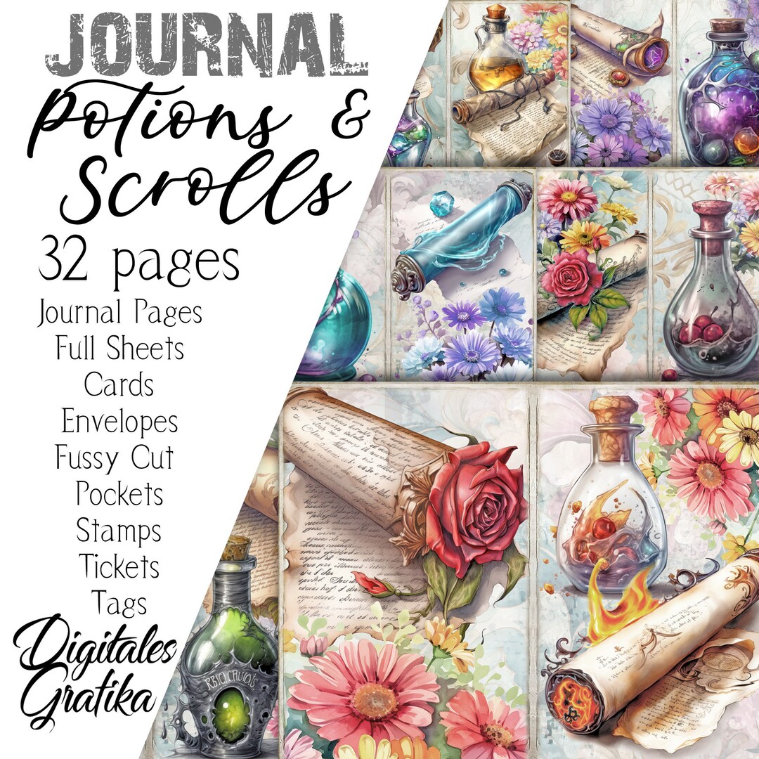 POTIONS and SCROLLS JOURNAL Kit, Vintage Junk Journal, Journal Pages ...