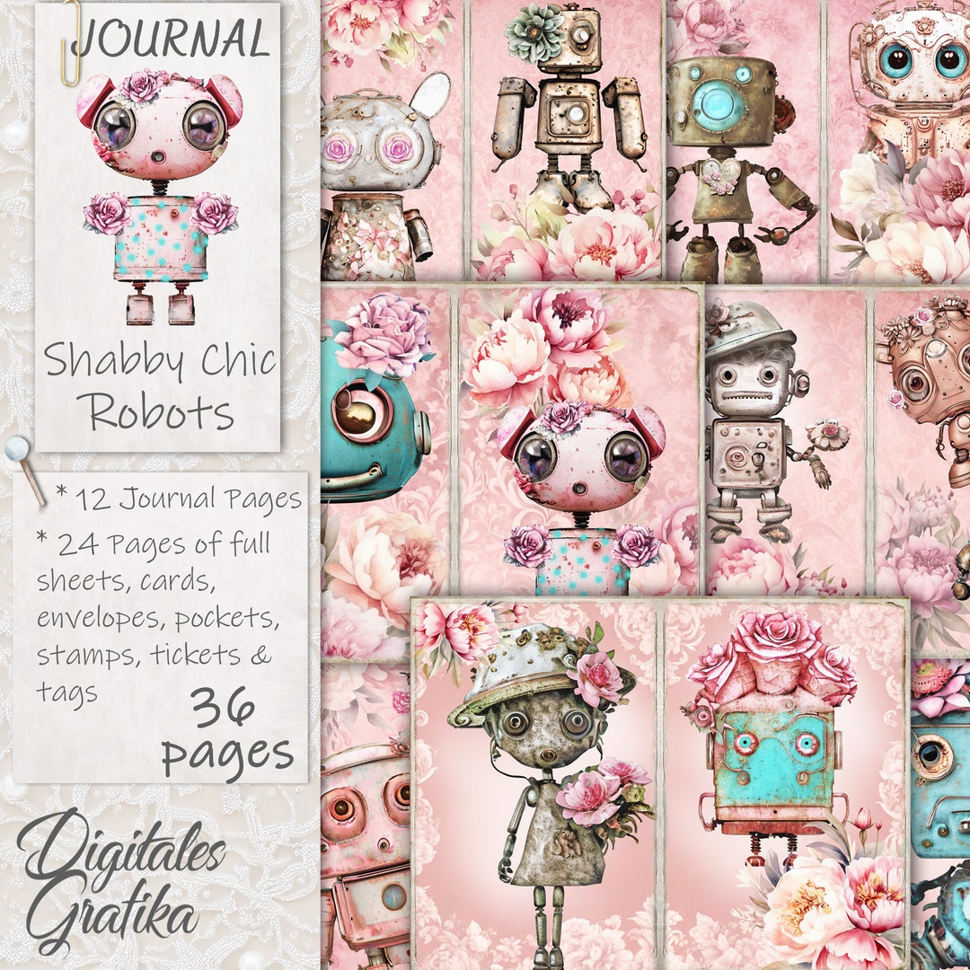 Shabby Chic Robots Junk Journal Kit, Cute Rustic Robots Junk Journal ...