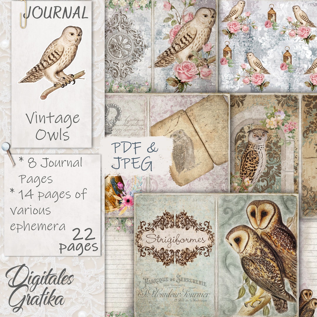 Vintage Owls Junk Journal Kit, Journal Pages, Envelopes, Owls, Paper ...