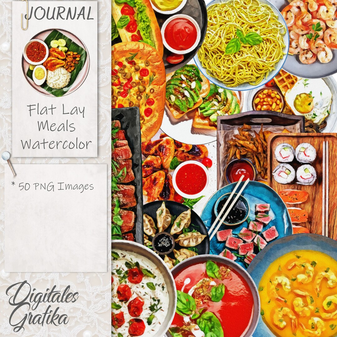 Watercolor Meals Clipart: Food Dishes Art (50 PNG Images) (digital ...