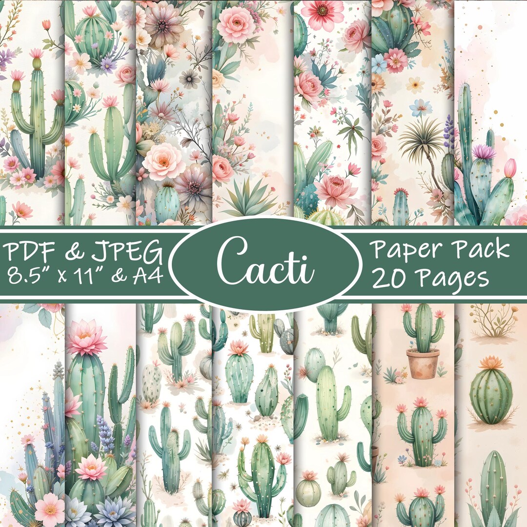 Cacti Watercolor Digital Paper, Succulents Paper, Letter Sized Papers ...