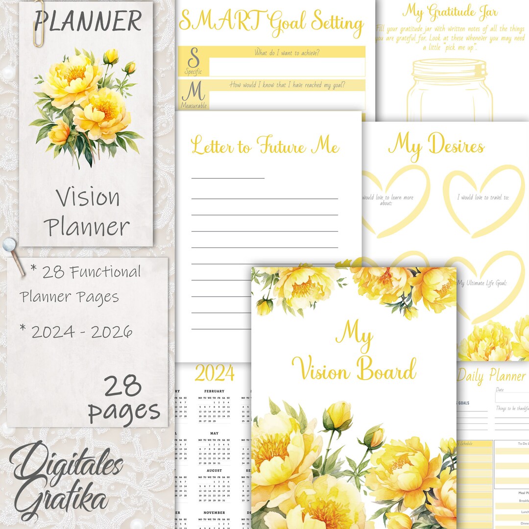 YELLOW VISION PLANNER, Functional Pages, Full Sheet, Flowers, Printable ...