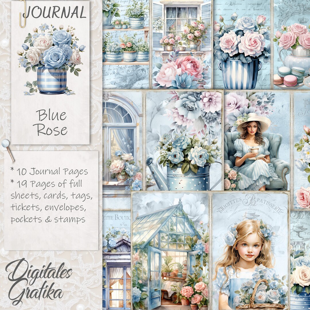 BLUE ROSE JOURNAL Kit, Vintage Junk Journal, Journal Pages, Full Sheet ...