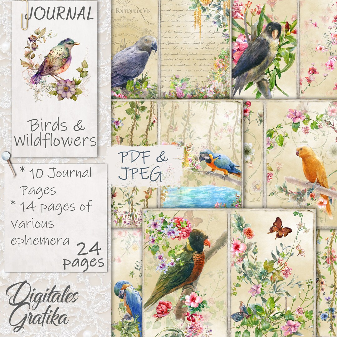 Birds and Wildflowers Junk Journal Kit, Bird Journal, Flower Journal ...