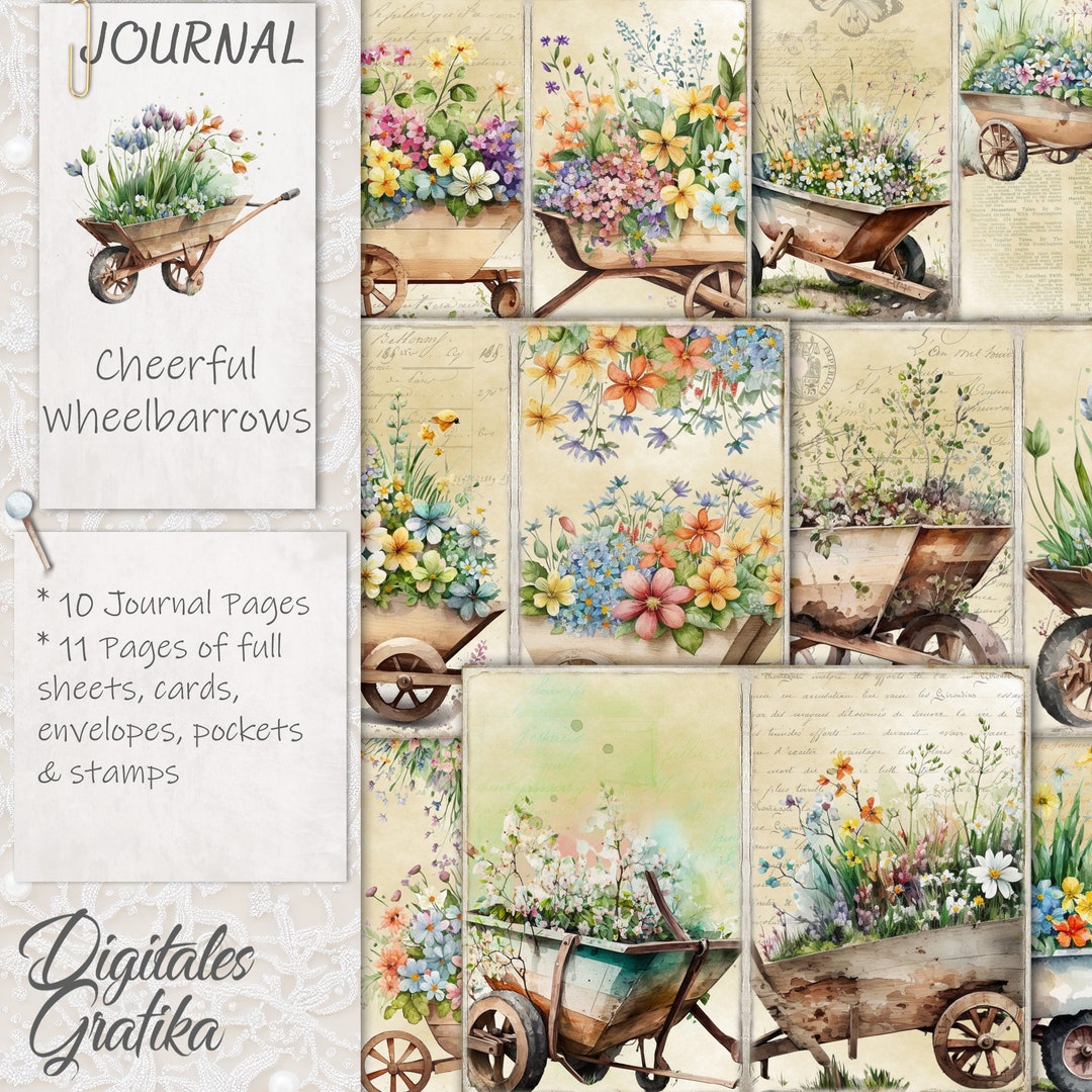 CHEERFUL WHEELBARROWS JOURNAL Kit | Flower Junk Journal | Pages ...