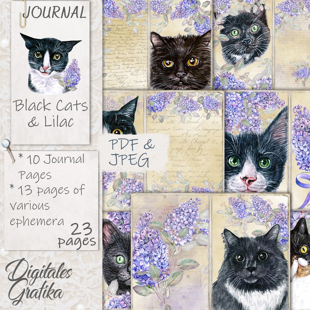 Black Cat Journal, Black Cats and Lilac Junk Journal Kit, Cat Journal ...