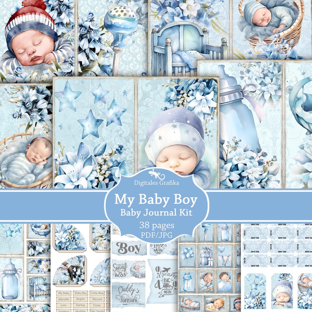 Baby Boy Junk Journal Kit: Blue Newborn Scrapbook Ephemera (digital ...