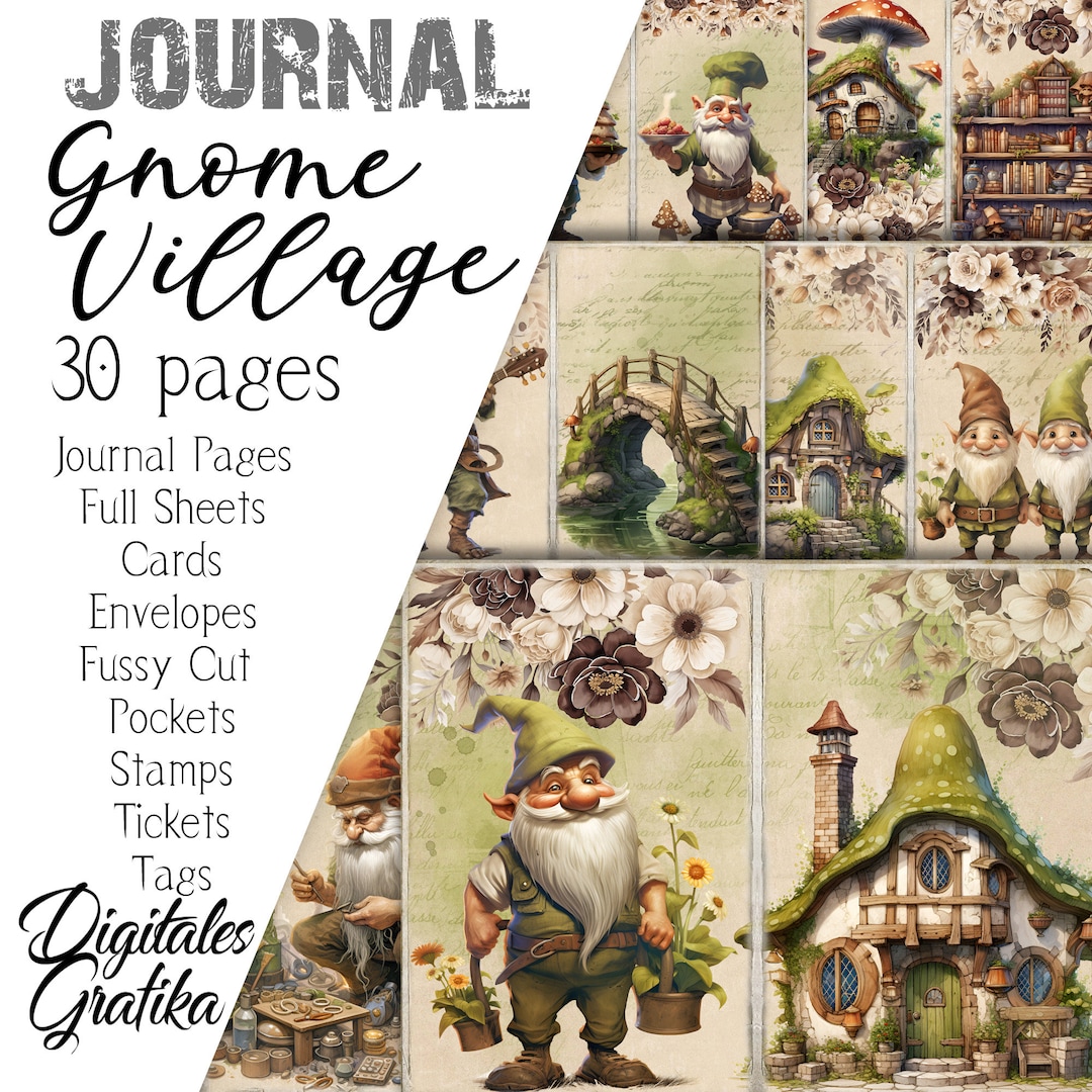 GNOME VILLAGE JOURNAL Kit, Gnomes Junk Journal, Journal Pages, Full Sheet, Flowers, Printable ...