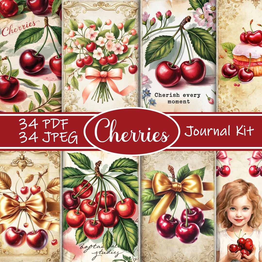 Cherries Junk Journal Kit Printable, Vintage Fruit Ephemera, Summer ...